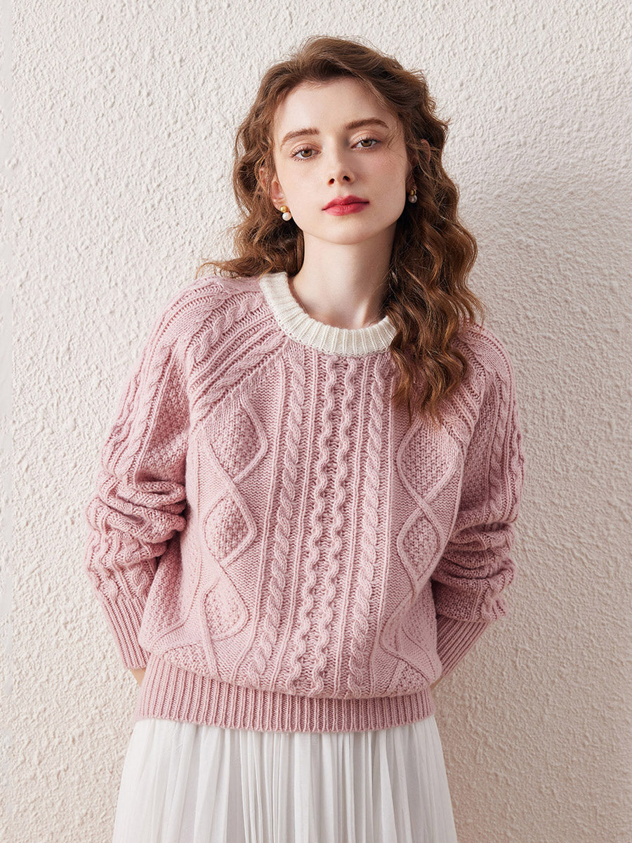 100% Wool Women's Contrast Color Cable Knit Sweater – COMOBOCA