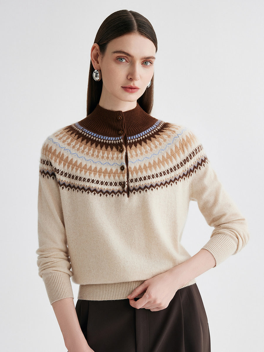 100% Cashmere Women's Fair Isle Mock Neck Button Front Sweater – COMOBOCA