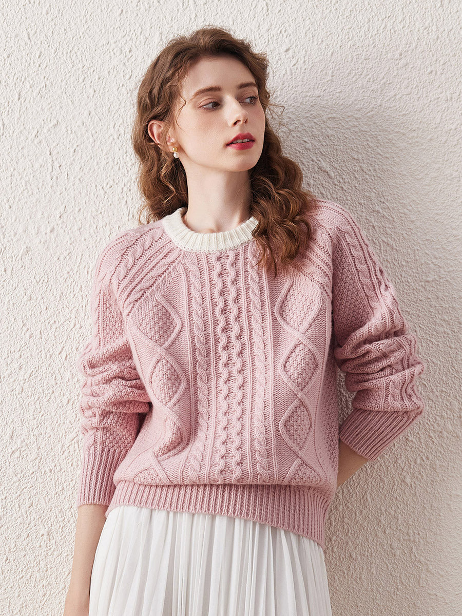 100% Wool Women's Contrast Color Cable Knit Sweater – COMOBOCA